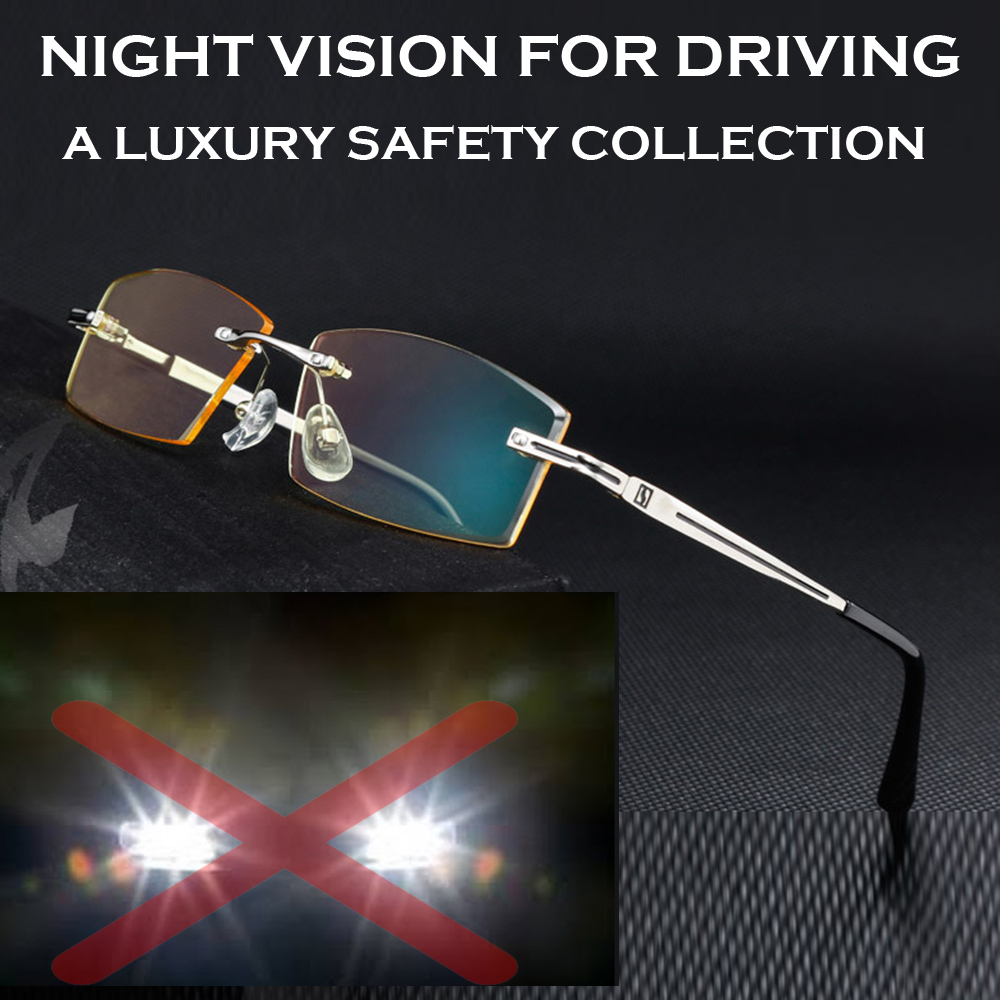 Classic Rimless Gold Frame Night Vision Glasses For Driving Anti-blu ...