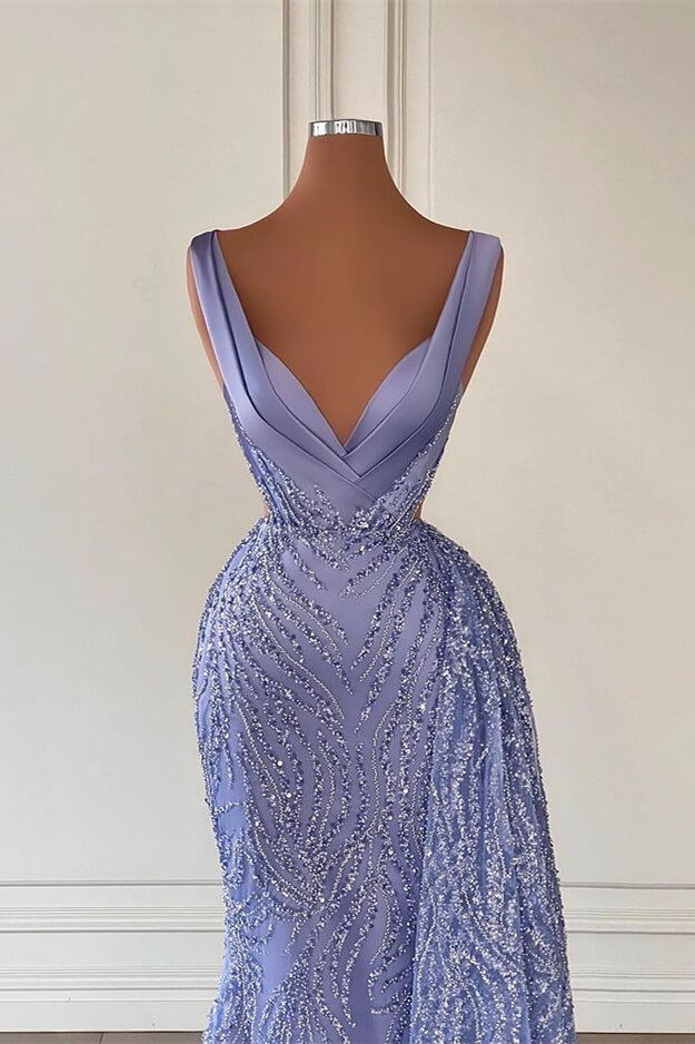 Daisda Charming Violet V Neck Mermaid Prom Dress With Beadings Sequins