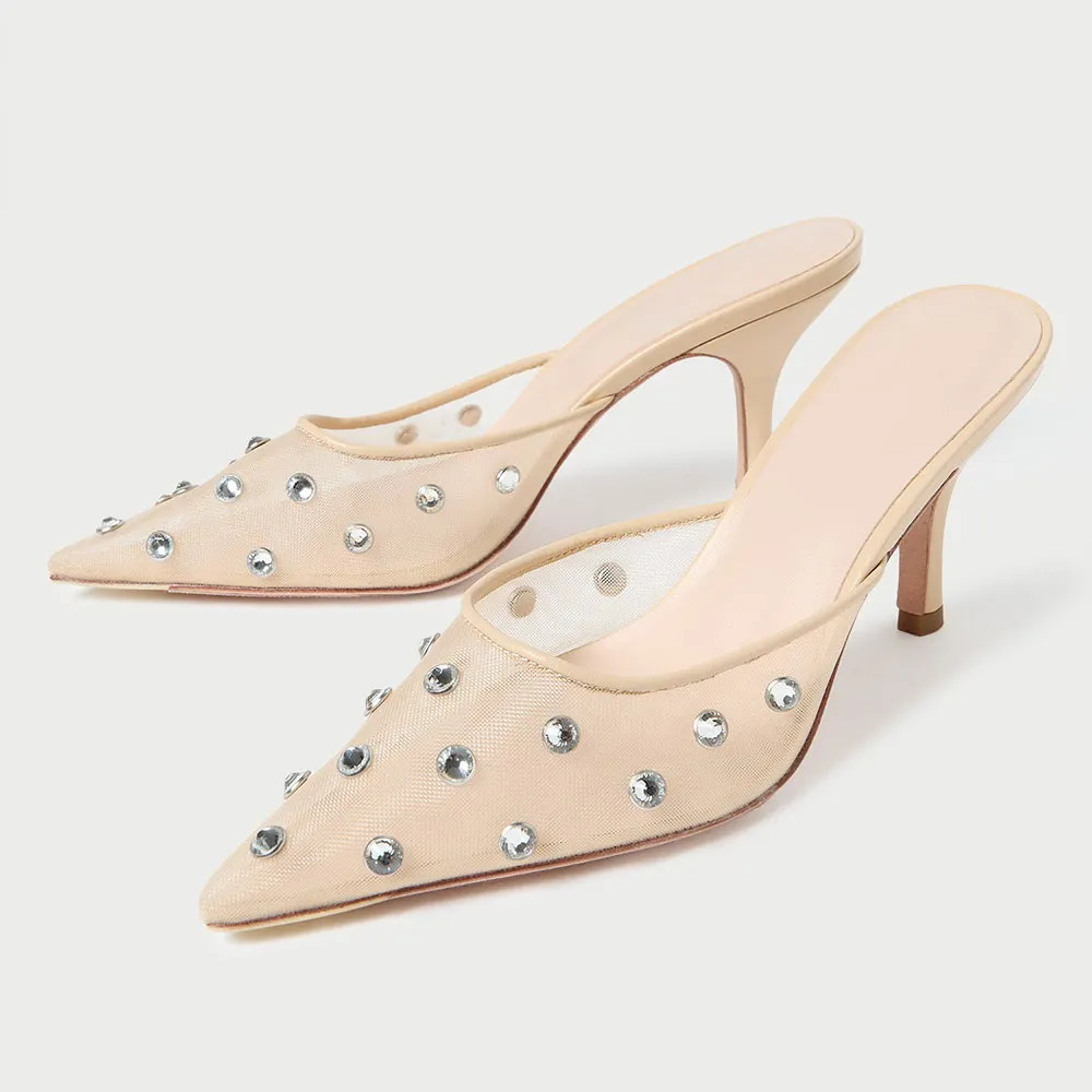 Beige Mesh Pointed Toe Rhinestone Embellished Heeled Mules