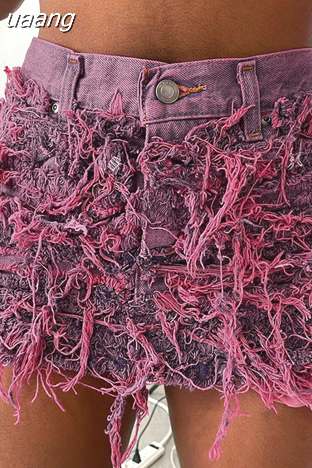 uaang Holes Denim Mini Skirts Women Fashion Button Fly High Waist Jeans ...