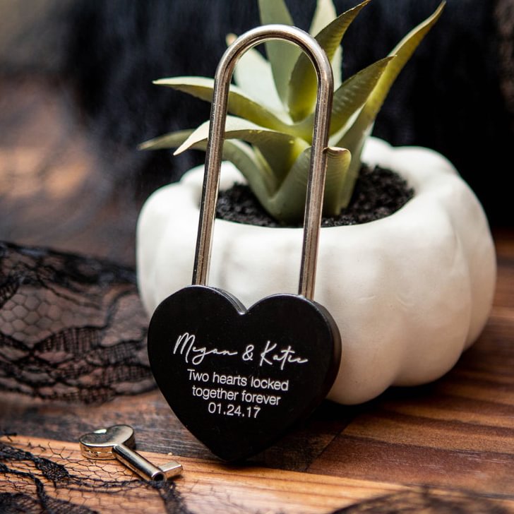 Heart Love Lock with Key Custom Names and Date Black Padlock Couple Gift