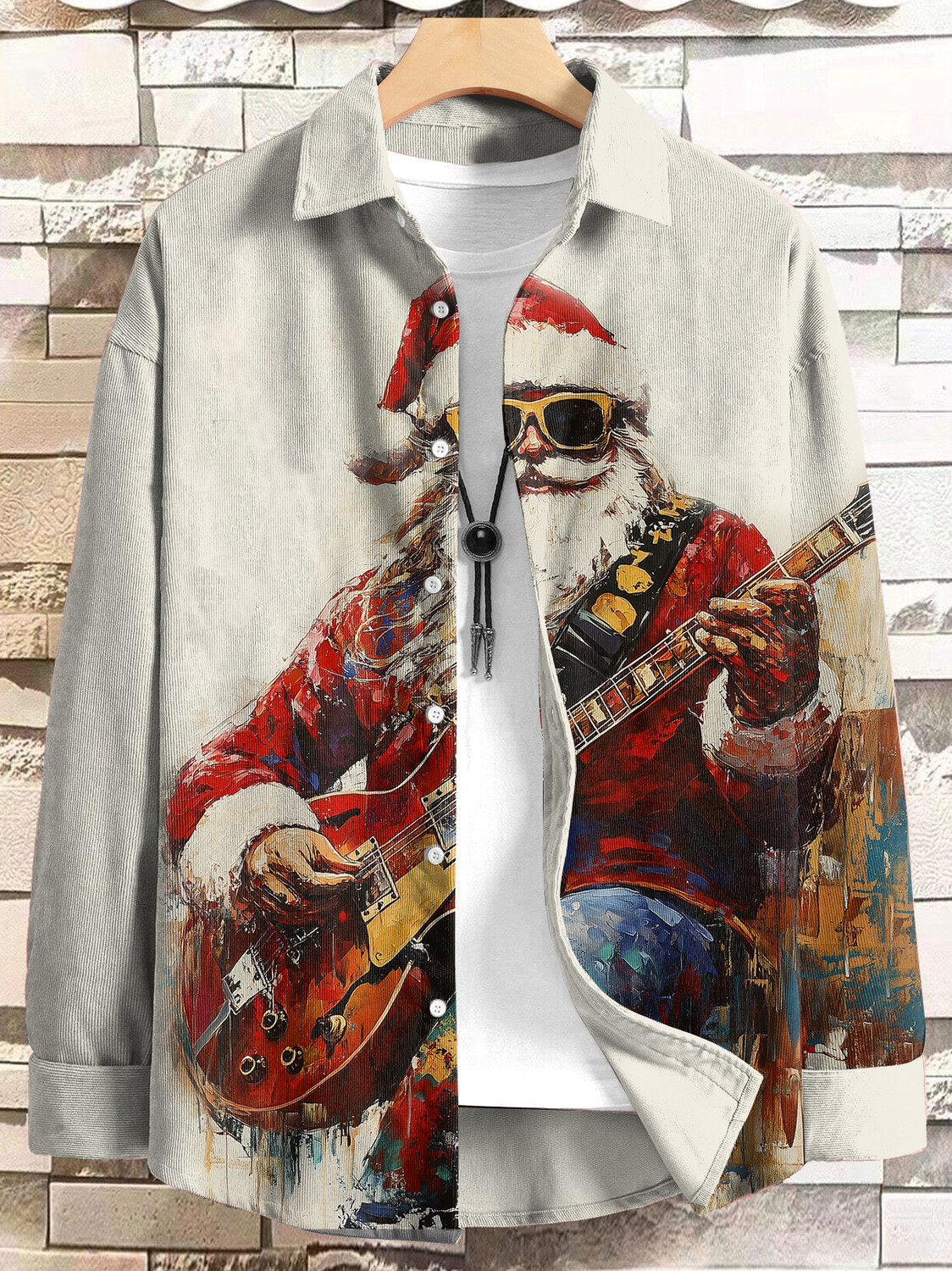 Men's Punk Santa Claus Playing Guitar Oil Painting Print Corduroy Long ...