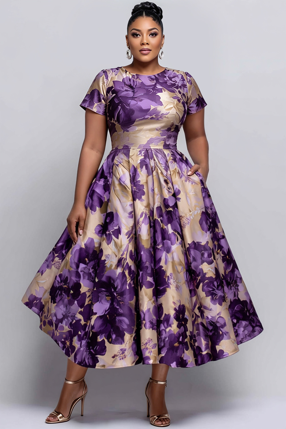 Xpluswear Design Plus Size Cocktail Party Purple Floral Round Neck ...