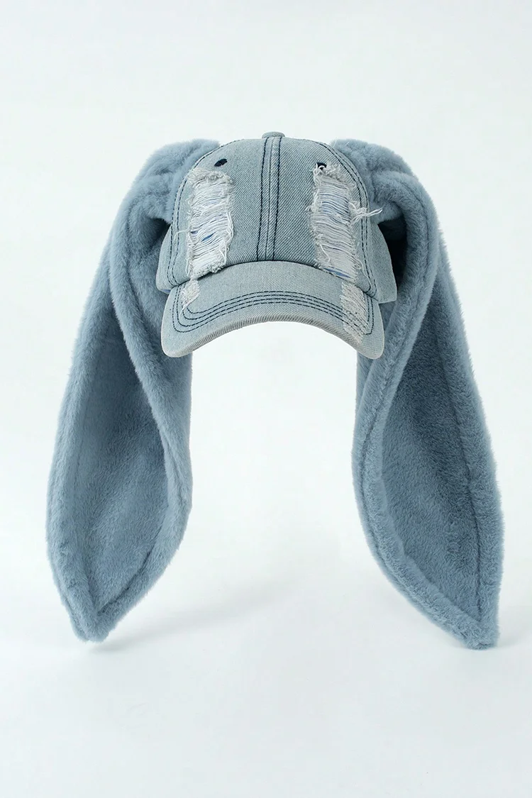 Ciciful Rabbit Ear Ripped Denim Faux Fur Patchwork Hat