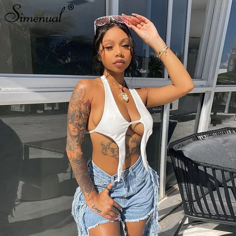 Simenual Sexy Asymmetrical Tie Up Halter Top Summer 2021 Fashion