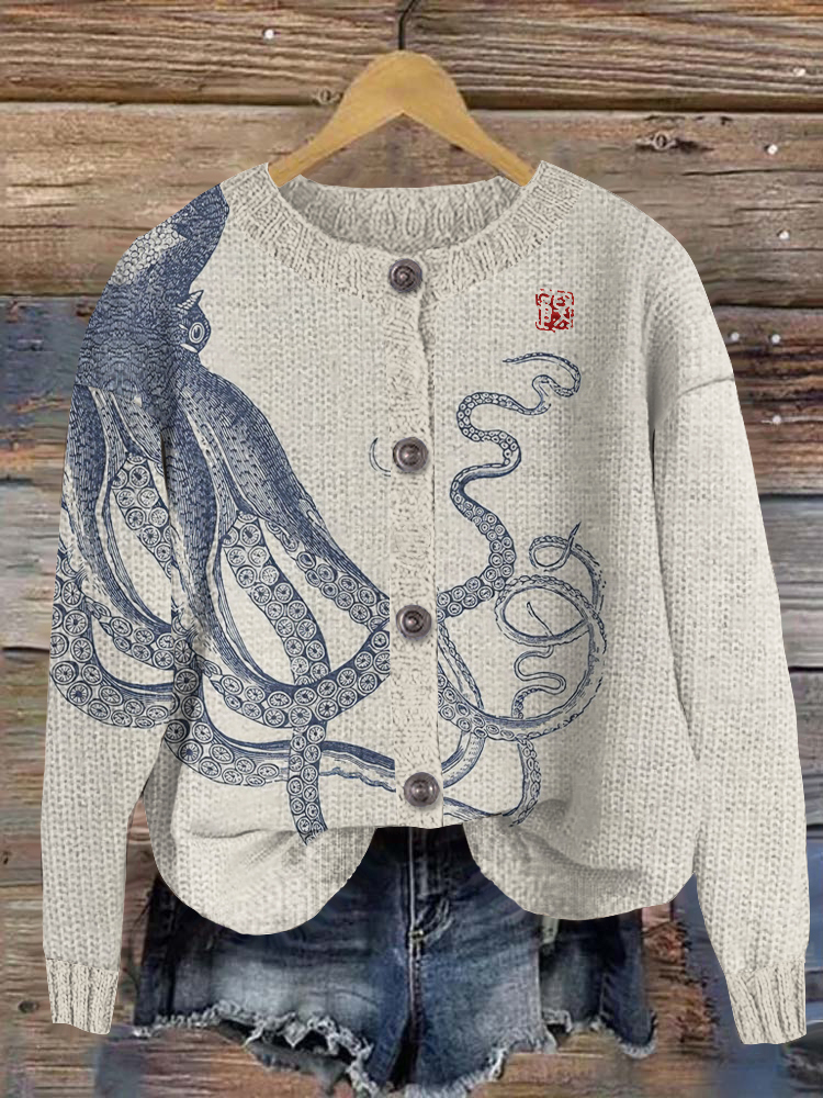 Abstract Vintage Japanese Art Octopus Pattern Women's Soft Sweater Cardigan