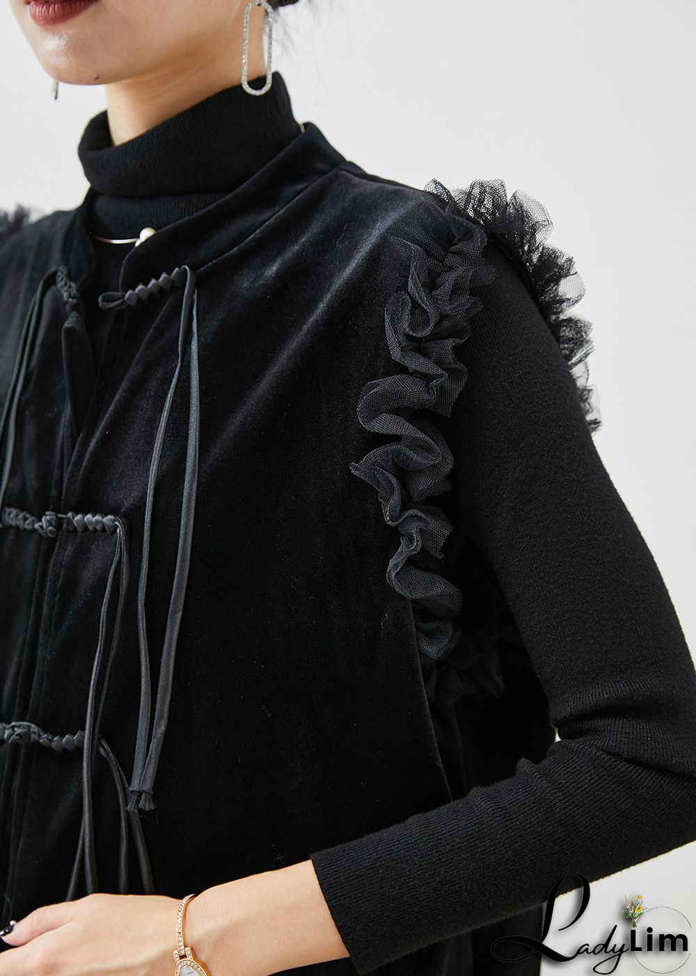 Chinese Style Black Tasseled Ruffled Silk Velour Vest Fall - Ladylim