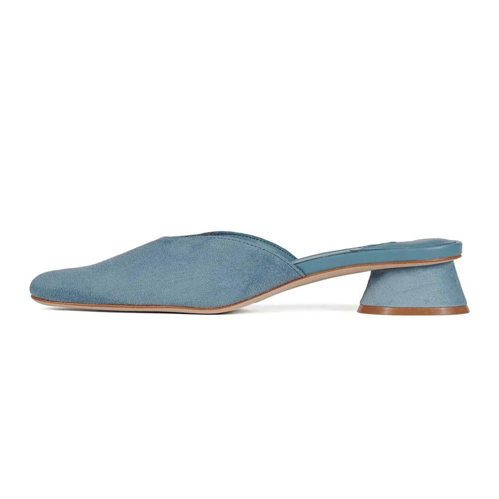 Blue Vegan Suede Low Block Heel Slip On Closed Toe Mules for Women