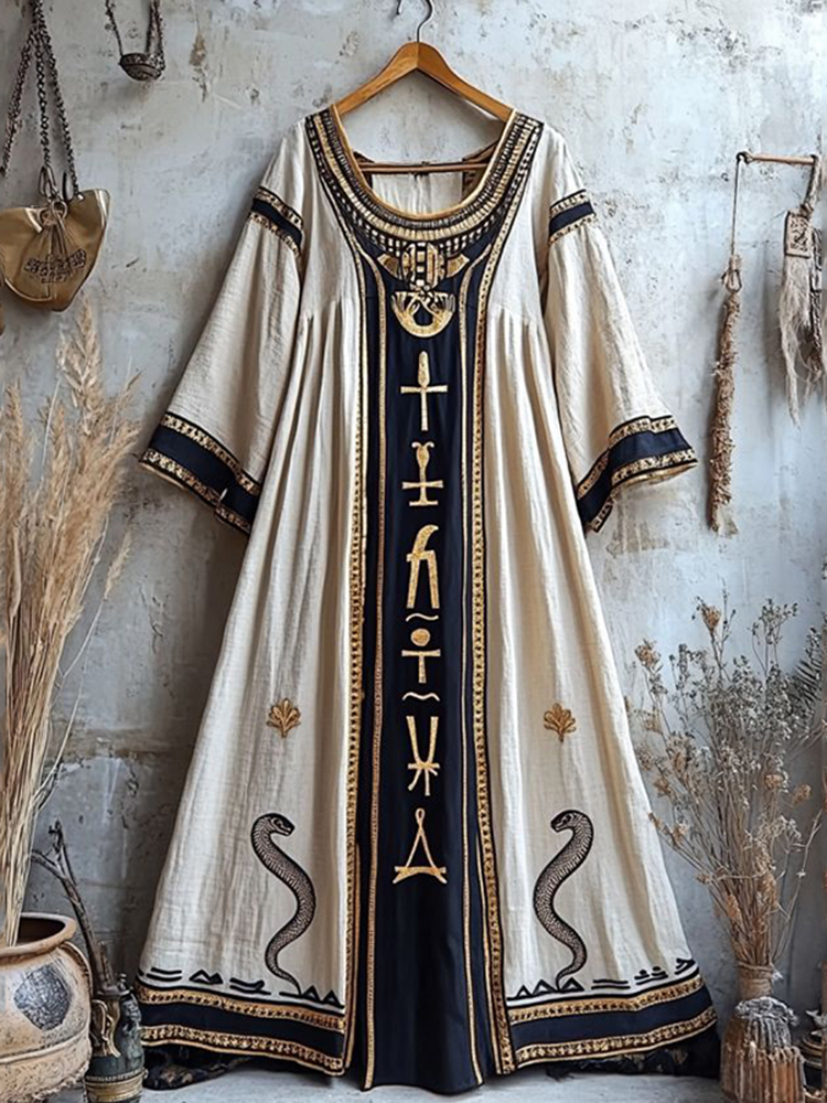 Vintage Ankh Ancient Egyptian Embroidered Art Linen Maxi Dress