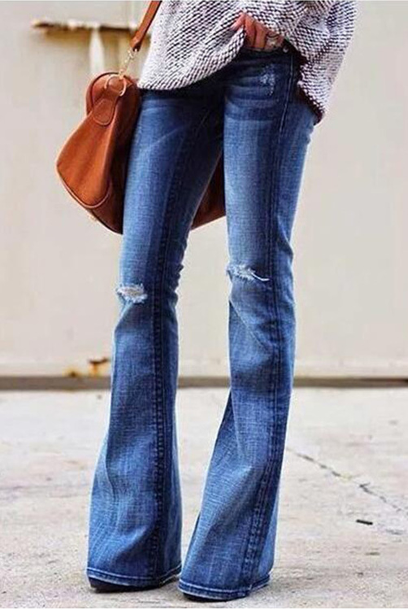 Work Solid Ripped Mid Waist Boot Cut Denim Jeans - Ladylim