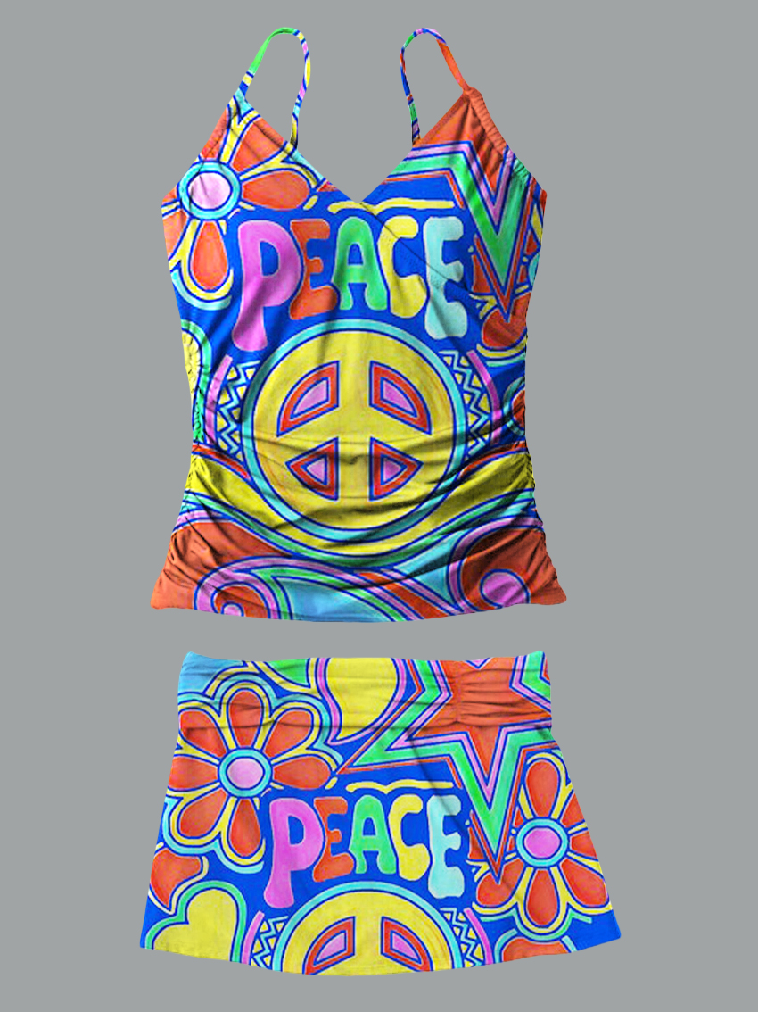 V-Neck Vintage Multicolor Hippie Floral Peace Print Suspender Skirt ...
