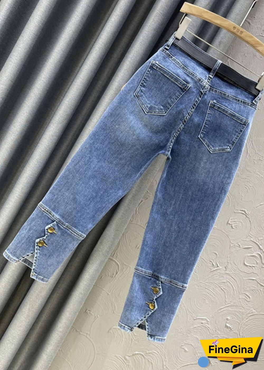 FineGina DIY Denim Blue High Waist Sashes Crop Pants Summer