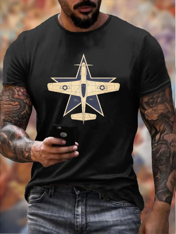 Men's P-51 Mustang Star Pattern Cotton T-Shirt