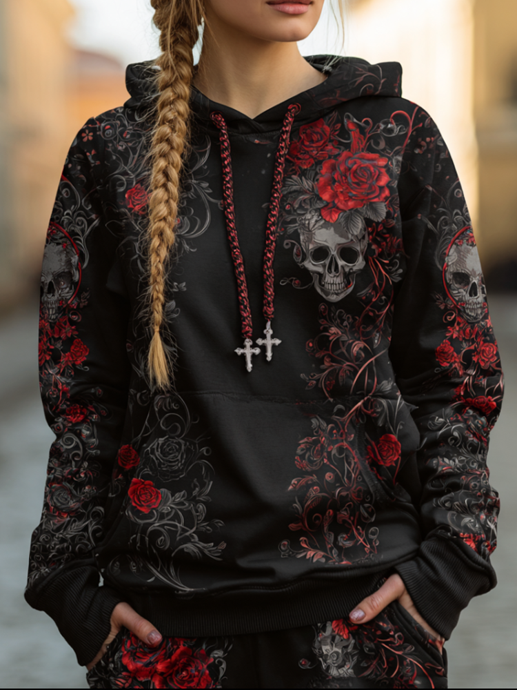 Halloween Dark Lady Skull And Red Rose Pattern Printed Long-sleeve ...