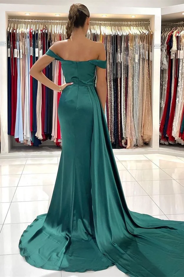 Daisda Mermaid Dark Green Off-the-Shoulder Prom Dress Split With Ruffles