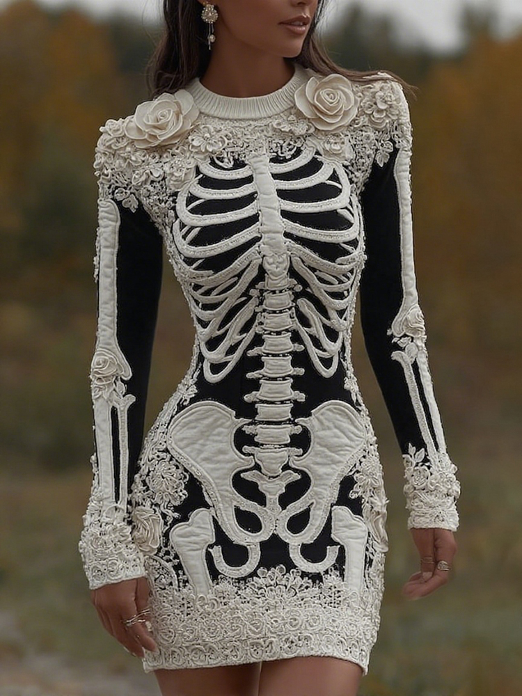 Women's Vintage Halloween Skeleton Bones With Rose Art Cozy Knit Mini ...