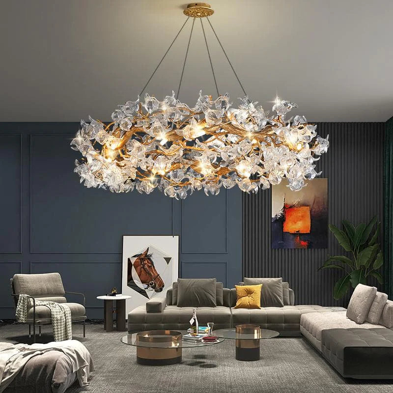 Tesia Modern Petal Crystal Round Brass Branch Chandelier