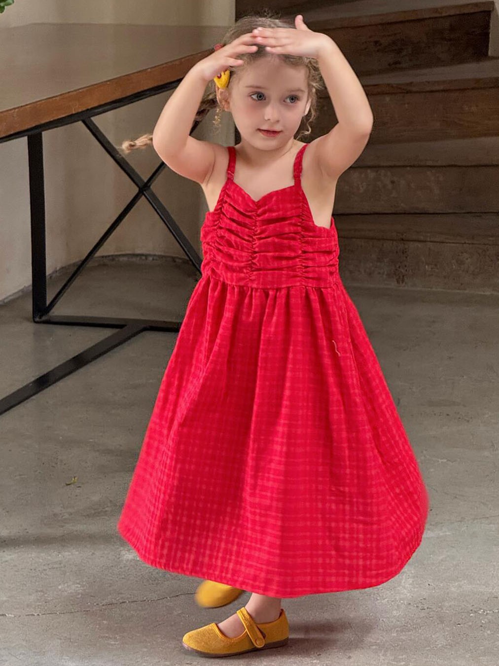 Girls Red Plaid Suspender Dress