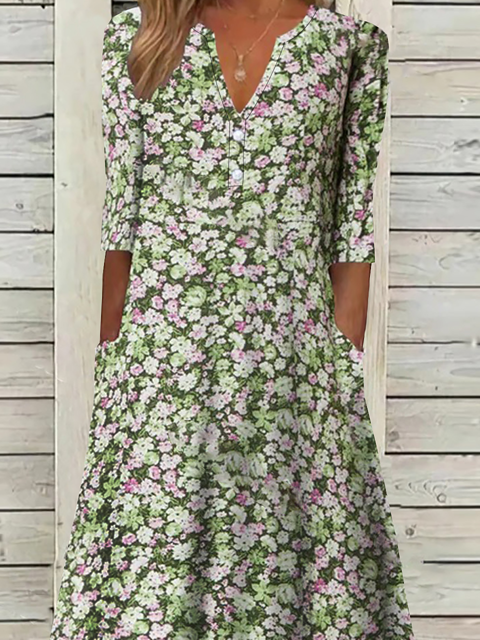 Floral Loosen V Neck Short Sleeve Woven Dress