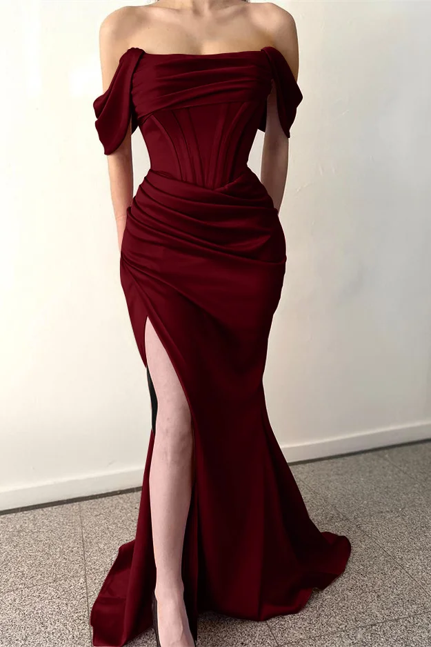 Miabel Dusty Rose Pleated Off-The-Shoulder Prom Dress Mermaid Split