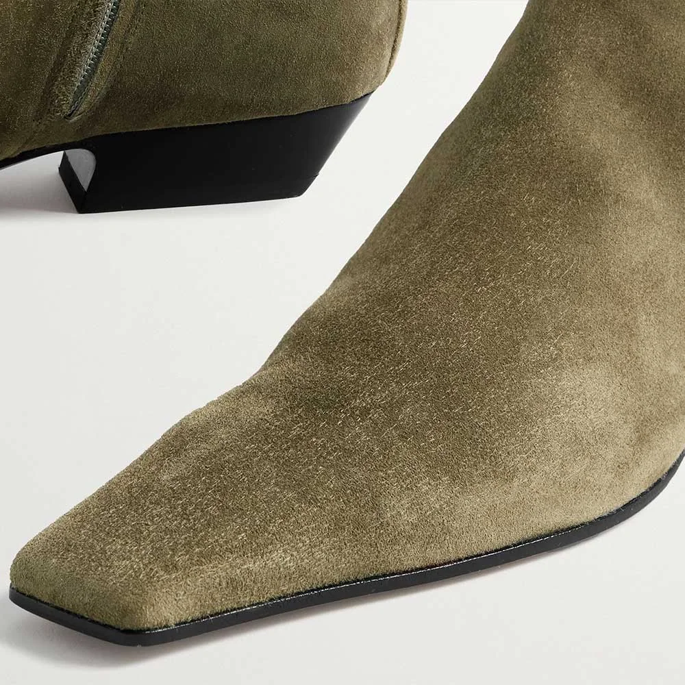 Olive Vegan Suede Square Toe Chunky Heel Ankle Boots with Zipper