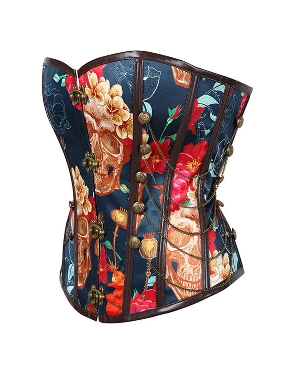 Gothic Bustiers Steampunk Button Chain Floral Print Corset