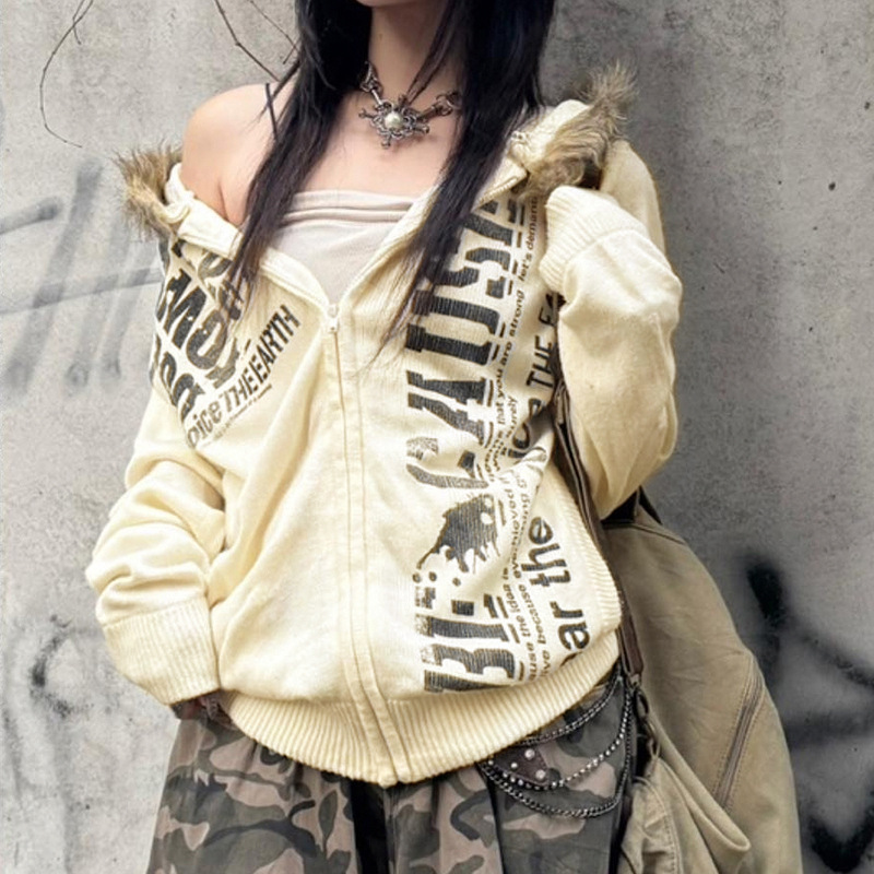 Y2K LETTER FURRY PATCHWORK ZIPPER HOODIE