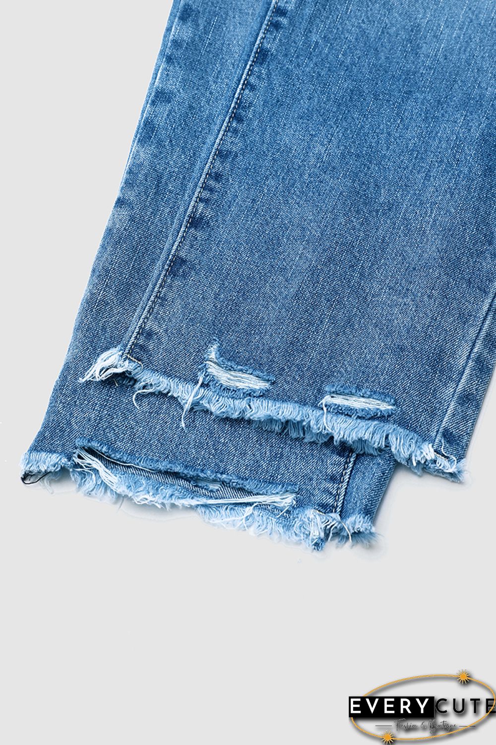 Ripped Raw Hem Zip Fly Mid Rise Straight Leg Jeans