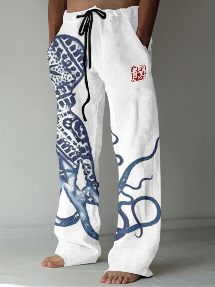 Japanese Art Vintage Octopus Graphic Painting Art Linen Blend Pants
