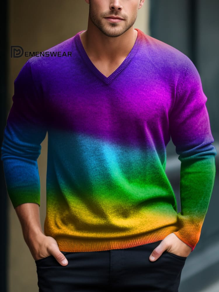 Men's LGBT Rainbow Gradient V-Neck Lnit Long Sleeve Sweater