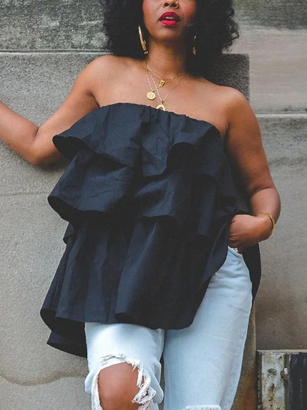 Elegant A-Line Tube Vest Top with Layered Ruffles and Elastic Fit