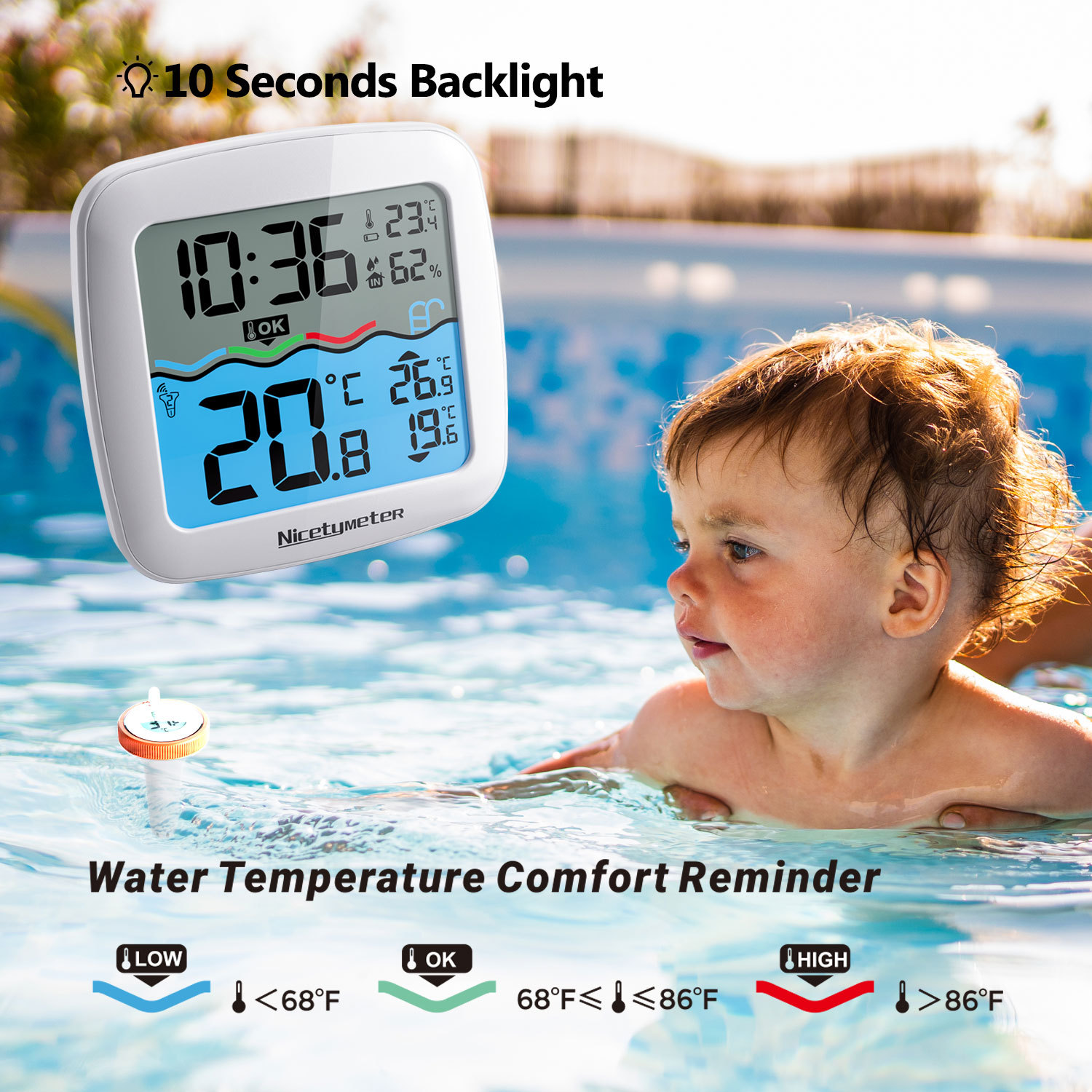 Digital Pool Thermometer Waterproof Water Temperature Thermometer for ...