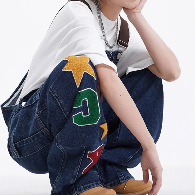 ROCK EMBROIDERED HIP HOP DENIM OVERALLS