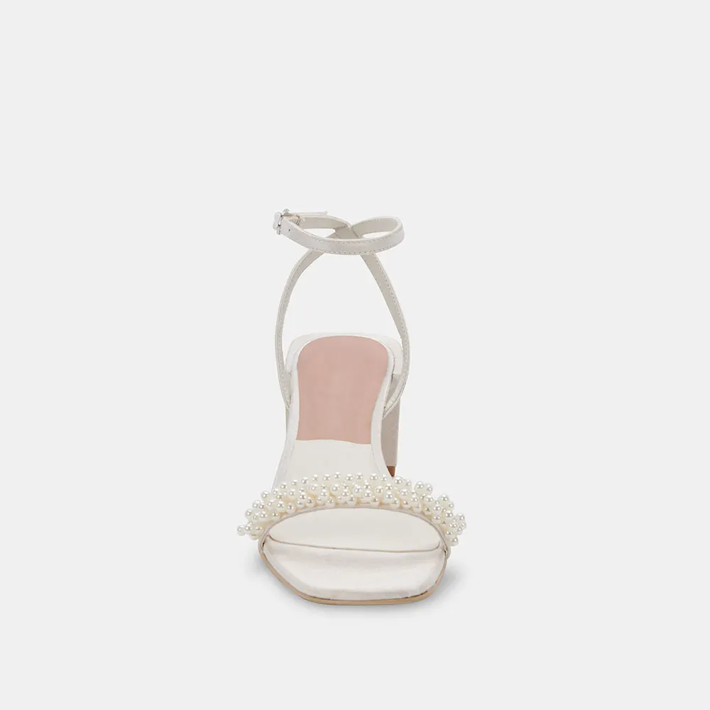 White Square Toe Block Heel Pearl Embellished Wedding Sandals