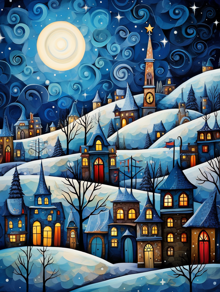 Abstract Art Moonlit Night Snowy Colourful Town (velvet cloth) Fairy ...