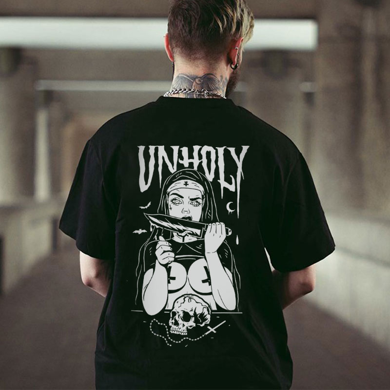 UNHOLY Nun Carrying a Knife Skull Black Print T-shirt