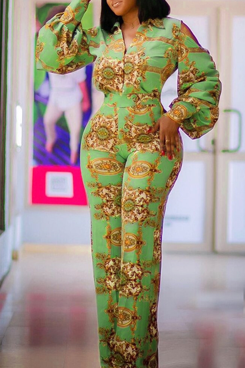 Casual Print Patchwork Turndown Collar Boot Cut Jumpsuits