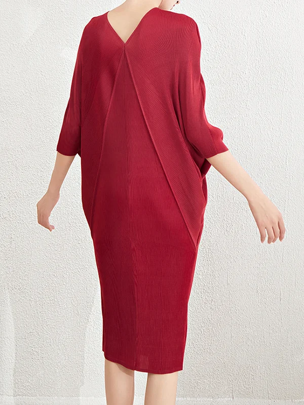 V-Neck Pleated Batwing Midi Dress