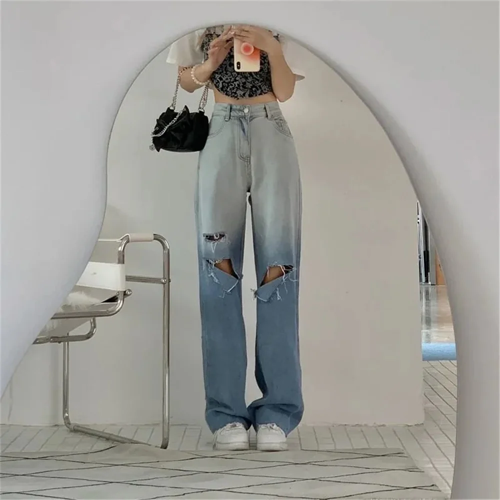 Uveng Color Ripped Hole Fringe High Waist Wide Leg Jeans Streetwear ...