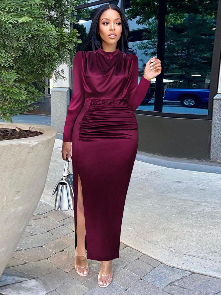 Woherb Women Party Shiny Dress Pleated Long Elegant Folds Slit High ...