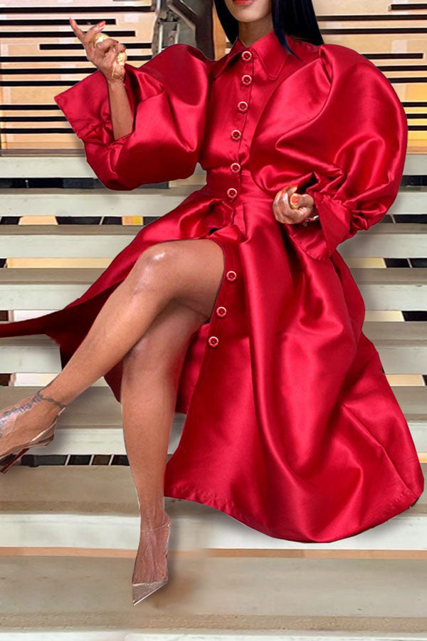 Red Puff Sleeve Cute Belted Midi Dress