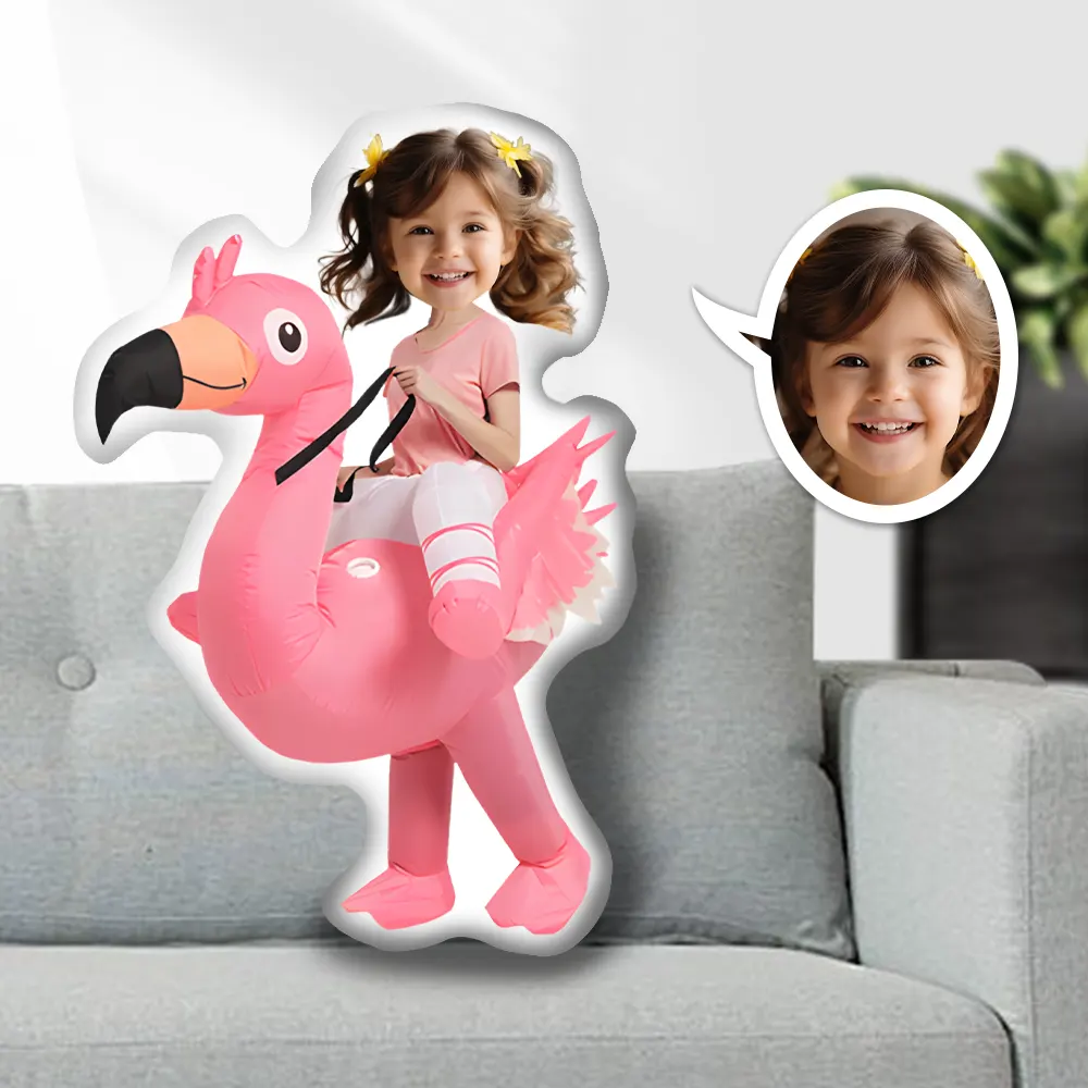 Custom Photo Face Pillow , Girl Riding Flamingo Face Picture Pillow ...