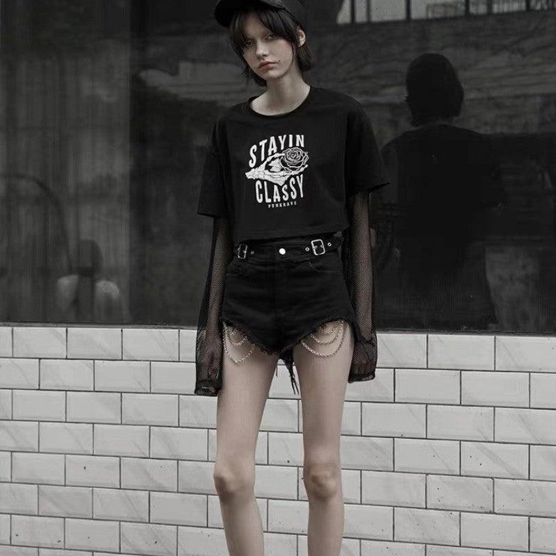 Goth Ripped Denim Shorts With Metal Chains - GothBB 2022 free shipping ...