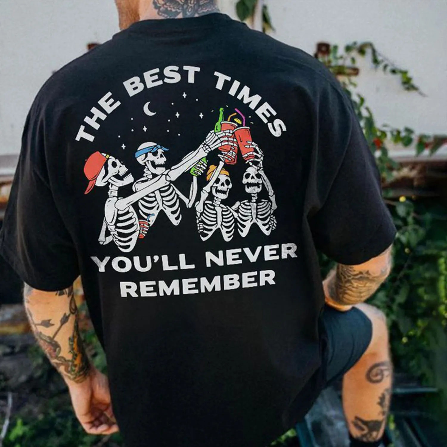 THE BEST TIMES Skulls at Cheerful Time Graphic Causal Black Print T-shirt
