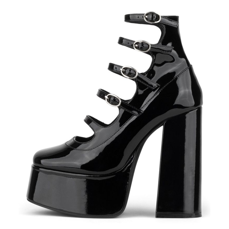 Black Square Toe Chunky Heel Cut-Out Strappy Platform Pumps