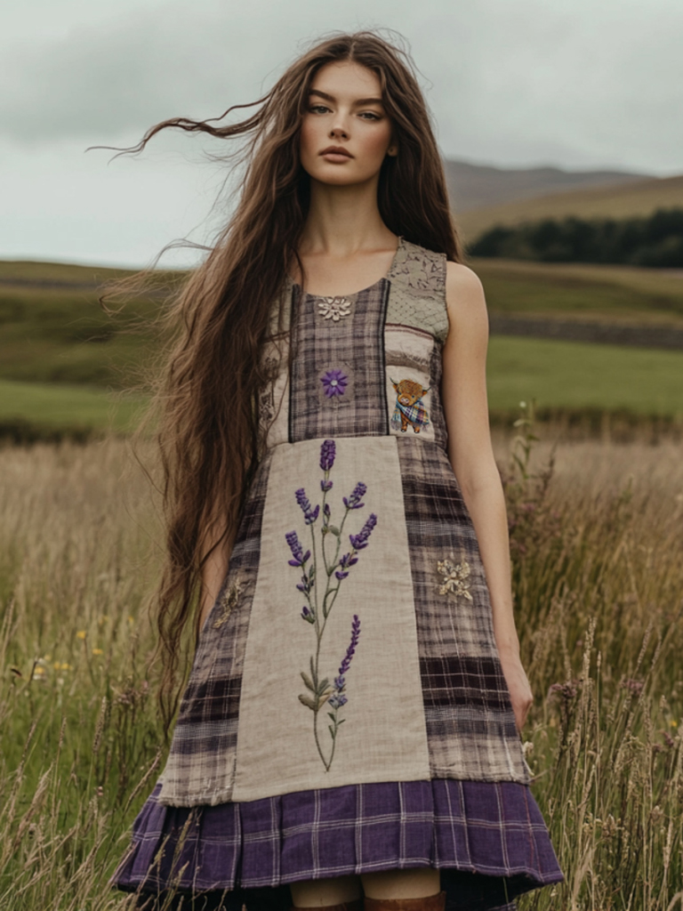 Vintage Lavender Floral With Highland Cow In Plaid Embroidered Cozy ...