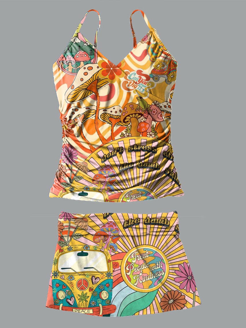 V-Neck Hippie Retro Flower Bus Mushroom Multicolor Print Suspender ...