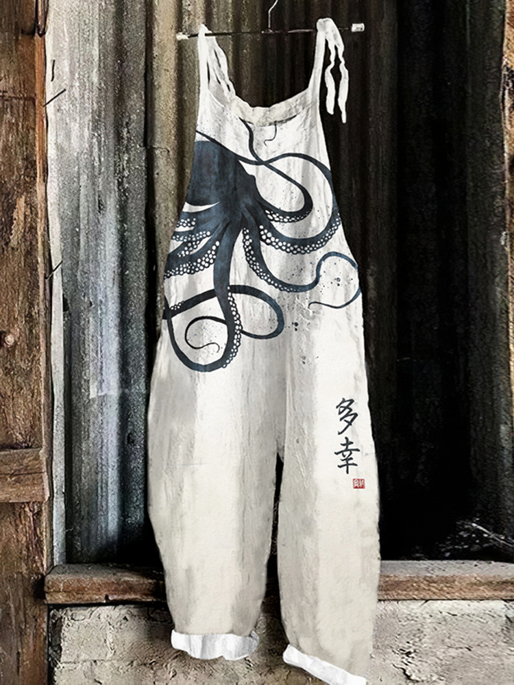 Vintage Japanese Sea Life Ukiyo-e Style Octopus Art Print Loose Jumpsuit