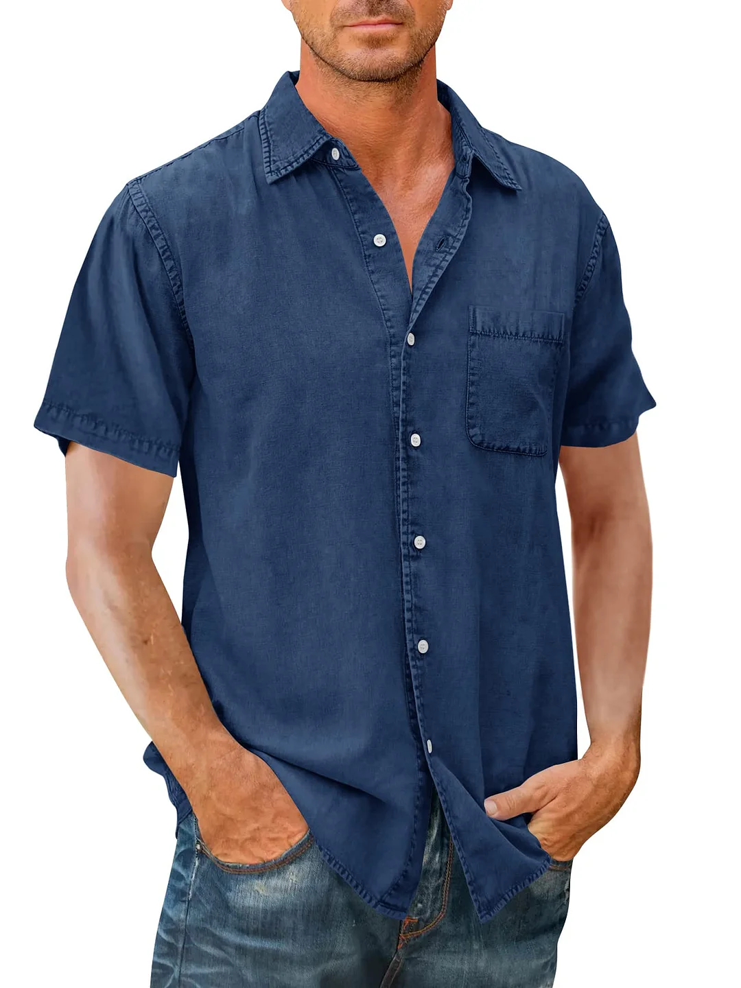 Men's Solid Color Short Sleeve Cotton Shirt