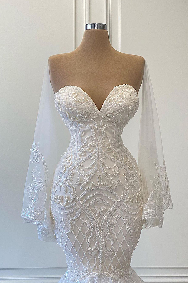 Sweetheart Strapless Lace Mermaid Wedding Dress With Pearls Beadings